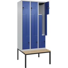 C+P Z-Spind Classic PLUS Sitzbank, 3 Abteile, lichtgrau / enzianblau, B 900 mm, Sicherheits-Drehriegel, untergebaut, Buche-Hartholz