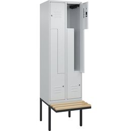C+P Z-Spind Classic PLUS Sitzbank, 2 Abteile, lichtgrau, B 600 mm, Zylinderschloss, auskragend, Buche-Hartholz