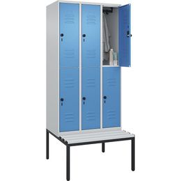 C+P Doppelstock-Spind Classic PLUS Sitzbank, 3 Abteile, lichtgrau / lichtblau, B 900 mm, Sicherheits-Drehriegel, untergebaut, Kunststoff