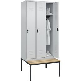 C+P Spind Classic PLUS Sitzbank, 3 Abteile, lichtgrau, B 900 mm, Sicherheits-Drehriegel, untergebaut, Buche-Hartholz