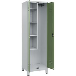 C+P Putzmittelspind Classic PLUS, 1 Abteil, Trennwand mittig, verkürzt, lichtgrau / resedagrün, B 600 mm, mit Füßen, Drehriegel