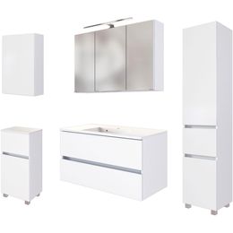 Badmöbel-Set Welltime "Welltime Möbel Baabe Waschtisch-Set 3tlg. oder 5tlg.", weiß (matt weiß), Set 15 5tlg.: Waschtisch 100cm breit, Spiegelschrank 100cm breit, Hängeschrank, Unterschrank, Seitenschrank, Holzwerkstoff, Kastenmöbel-Sets, gedämpfte Scharniere und Softclose-Funktion, inklusive LED-Beleuchtung