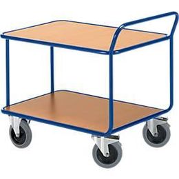 ROLLCART Tischwagen, 2 Etagen, bis 500 kg, TPE-Bereifung, Stahl pulverbeschichtet enzianblau RAL 5010, L 800 x B 500 mm