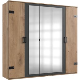 Kleiderschrank wimex "Stockholm" Schränke Gr. B/H/T: 225cm x 210cm x 58cm, beige (eiche / graphit) mit 5 Drehtüren, rustikaler Industrial Look, Spiegel