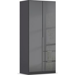 Drehtürenschrank Rauch "Kleiderschrank Kleiderschränke Schrank Garderobe AGORDO mit Glasfront" Schränke Gr. B/H/T: 91 cm x 210 cm x 54 cm, 2 St., grau (graumetallic, glas basalt) mit Außenschubkästen, in 6 Breiten und 2 Höhen MADE IN GERMANY