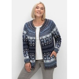 Strickjacke sheego "Große Größen" Gr. 48, blau (hellblau gemustert) Damen Strickjacken im Norwegermuster, mit Reißverschluss