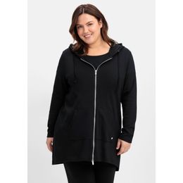 sheego Longshirtjacke mit Kapuze und Kängurutasche, schwarz, Gr.48/50