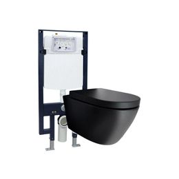 Bernstein WC-Komplettpaket 42: wc B-8030R in Schwarz Matt und Soft-Close Sitz mit Vorwandelement G3008 und Betätigungsplatte vorne Modell schwarz Glas