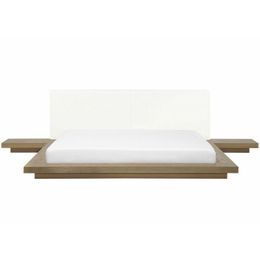 Beliani Bett Weiß / Hellbraun Kunstleder und MDF-Platten Holzoptik mit Lattenrost 180x200 cm 2 Nachttische Japanischer Stil Schlafzimmer Doppelbett