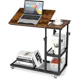 Costway - Laptoptisch mit hoehen- und neigungsverstellbar, 3 Ebenen Beistelltisch Vintage, C-foermiger Sofatisch für Wohnzimmer & Schlafzimmer, auf