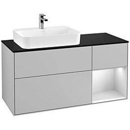 Villeroy & Boch Villeroy und Boch Finion Waschtischunterschrank G402MTGJ 120cm, Abdeckplatte black matt, Emotion, Regal rechts White matt lacquer, Light grey matt