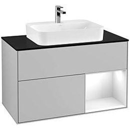 Villeroy & Boch Villeroy und Boch Finion Waschtischunterschrank G372GFGJ 100cm, Abdeckplatte black matt, Emotion, Regal rechts Glossy white lacquer, Light grey matt