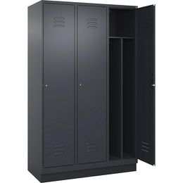 C+P Schwarz-Weiß-Spind Classic PLUS, schmal, 3 Abteile, Trennwand verkürzt, grau, B 1200 mm, mit Bodensockel, Zylinderschloss, Trennwand mittig