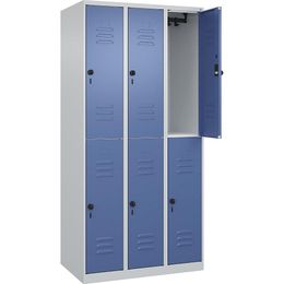 C+P Doppelstock-Spind Classic PLUS, 3 Abteile, lichtgrau / fernblau, HxB 1850 x 900 mm, mit Bodengleitern, Drehriegel
