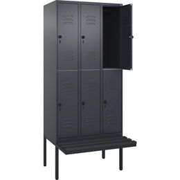 C+P Doppelstock-Spind Classic PLUS Sitzbank, 3 Abteile, grau, B 900 mm, Sicherheits-Drehriegel, auskragend, Kunststoff