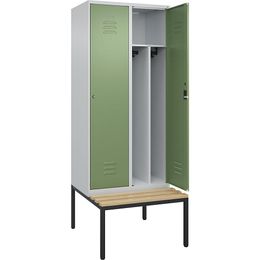 C+P Schwarz-Weiß-Spind Classic PLUS Sitzbank, schmal, 2 Abteile, Trennwand verkürzt, lichtgrau / resedagrün, B 800 mm, Zylinderschloss, untergebaut, Buche-Hartholz