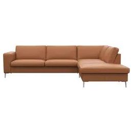 Ecksofa FLEXLUX "Fiore, super Sitzkomfort durch Kaltschaum im Sitz, L-Form" Sofas Gr. B/H/T: 273cm x 85cm x 225cm, Echtleder, Ottomane rechts, braun (modern cogna) breite Armlehnen, Füße Alu