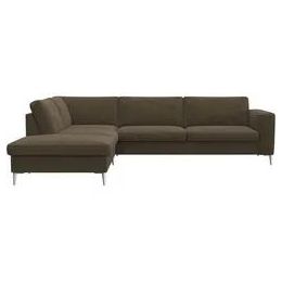 Ecksofa FLEXLUX "Fiore, super Sitzkomfort durch Kaltschaum im Sitz, L-Form" Sofas Gr. B/H/T: 273cm x 85cm x 225cm, Lederoptik, Ottomane links, braun (camel brown) breite Armlehnen, Füße Alu