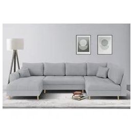 Wohnlandschaft Home Affaire "CHARRE U-Form, incl. 3 Zierkissen" Sofas Gr. B/H/T: 310cm x 81cm x 161cm, Struktur weich, Recamiere links, grau auch in Cord und Bouclé, feine Steppung, lose Rückenkissen