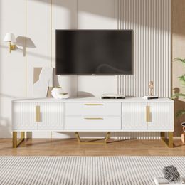 Okwish - Glänzender TV-Schrank: goldene Basis, Griffe und Beine, Tür mit gravierter Textur, Aufbewahrungslösung für das Wohnzimmer, perfekte