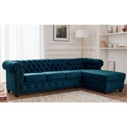 William - chesterfield ecksofa rechts - 4 sitzplätze - aus samt - entenblau