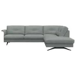 Ecksofa FLEXLUX "Glow bequem und komfortabel durch hochwertigen Sitzaufbau, L-Form" Sofas Gr. B/H/T: 268cm x 81cm x 224cm, Bouclé, Ottomane links, Armlehnen in Walnuss, blau (sky blau) Skandinavisches Design, In hochwertiger Verarbeitung