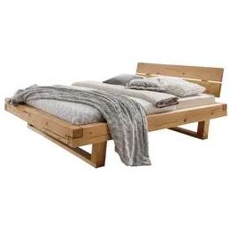 Massivholzbett Home Affaire "Ultima Balkenbett Doppelbett, Füße mit Kufenform", braun (fichte wachs, geölt), B:198cm L:228cm, Betten, FSC-zertifizierte Wildeiche oder Fichte, viele Breiten zur Auswahl