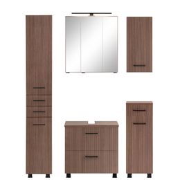 Badmöbel-Set Welltime ""Trento", Badezimmer-Set, Hängeschrank, Unterschrank, Hochschrank" Kastenmöbel-Sets Gr. B/H/T: 120 cm x 200 cm x 35 cm, braun (cannelloeiche) Waschbeckenunterschrank, Spiegelschrank inkl. Aufbauleuchte