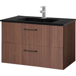 Waschtisch Welltime "Trento Badezimmerschrank mit Becken Bestseller" Waschtische Gr. Becken schwarz eckig, braun (cannello, eiche, cannello, eiche) Badmöbel in Breite 80 cm , Waschplatz mit 2 Schubladen, Badschrank