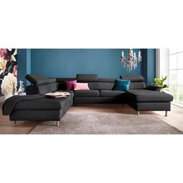 Wohnlandschaft exxpo - SOFA FASHION "Maretto, bequem und komfortabel, aufwendige Sitzsteppung, U-Form", schwarz, B:330cm H:96cm T:230cm, Luxus-Microfaser Vintageoptik (100% Polyester);Webstoff, Sofas, inkl. Kopfteilverstellung für mehr Sitzkomfort, wahlweise Bettfunktion