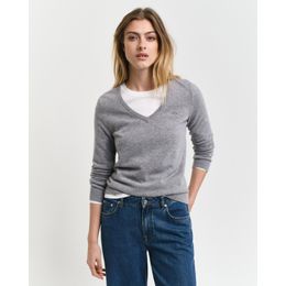 V-Ausschnitt-Pullover Gant "EXTRAFINE LAMBSWOOL V-NECK" Gr. M, grau (grey melange) Damen Pullover