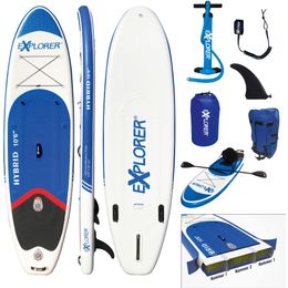 SUP-Board EXPLORER "Hybrid 10.6 Doppelkammer Komplettset" Wassersportboards Gr. 320 x 84 x 15cm 320 cm, blau (blau, weiß) mit Paddel, Kajaksitz, Pumpe, Fangleine, Packsack