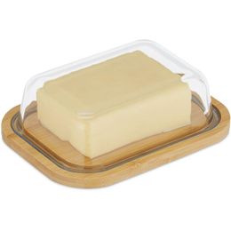 Relaxdays - Butterdose, mit Deckel, Bambus & Glas, 250 g Butter, HxBxT: 5,5 x 19 x 14 cm, Butterschale, natur/transparent