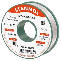 Stannol L&ouml;tzinn Kristall 611, TSC305, Sn96,5Ag3,0Cu0,5, Fairtin Flowtin, 1,0 mm, 100 g