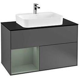 Villeroy & Boch Villeroy und Boch Finion Waschtischunterschrank F362GMGK 100cm, Abdeckplatte black matt, Regal links Olive Matt Lacquer, Anthracite matt