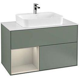 Villeroy & Boch Villeroy und Boch Finion Waschtischunterschrank G361HHGM 100cm, Abdeckplatte white matt, Emotion, Regal links Sand Matt Lacquer, Olive Matt Lacquer