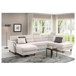 Wohnlandschaft Home Affaire "Palmera U-Form", beige (natur), B:308cm H:89cm T:212cm, 100% Polyester, Struktur (100% Polyester), Luxus-Microfaser in Lederoptik (100% Polyester), Sofas, Federkern, wahlweise mit Bettfunktion und mit/ohne Stauraum