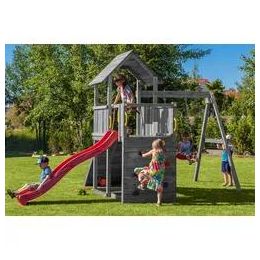 Spielturm Fungoo "CAROL 3 GREY", grau, Spieltürme, KinderB:310cm H:282cm T:460cm, FSC-zertifizierter Massivholz, Metall, Polyethylen, mit Schaukel & Rutsche, Kletterwand, Kletterfalle, B:310cm H:282cm T:460cm