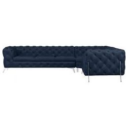 Chesterfield-Sofa LEONIQUE "Amaury L-Form" Sofas Gr. B/H/T: 323cm x 75cm x 264cm, Samtoptik, langer Schenkel links, Füße chromfarben, blau großes Ecksofa, Chesterfield-Optik, Breite 323 cm, Fußfarbe wählbar