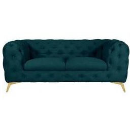 Chesterfield-Sofa LEONIQUE "Glynis" Sofas Gr. B/H/T: 185cm x 75cm x 99cm, Struktur, Fußfarbe goldfarben, blau (petrol) aufwändige Knopfheftung, moderne Chesterfield Optik, Fußfarbe wählbar