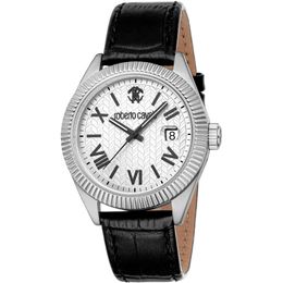 Quarzuhr Roberto Cavalli "Uomo Classico III", schwarz (schwarz, silberfarben), Armbanduhren, Herren, Armbanduhr, Herrenuhr, Lederarmband, analog, Tag