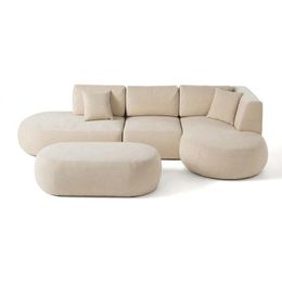 Santorini - 5-sitzer modulares ecksofa rechts + hocker - aus strukturiertem stoff - beige