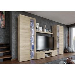 Mediawand Alvor xl Wohnwand TV-Schrank Vitrine Regal 4-tlg 300cm Eiche Sonoma 1 - Furnix