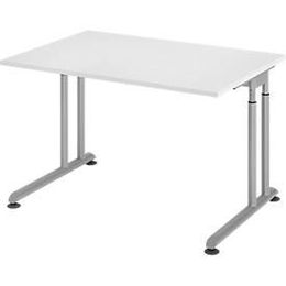 Schreibtisch Breno, manuelle Höheneinstellung, horizontaler Kabelkanal, B 1200 x T 800 x H 680-820 mm, Spanplatte & Stahl, Weiß/Silber