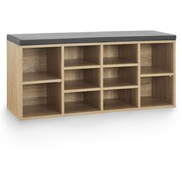 Juskys - Schuhregal Holz mit Polsterung, Stoff & 10 Fächern höhenverstellbar 104x30x48 cm - Regal mit Sitzbank bis 150 kg - Holzoptik / Grau