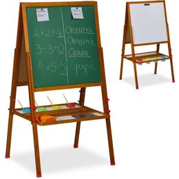 Relaxdays Kinderstandtafel, magnetische Spieltafel, höhenverstellbar, 122-160x65x69 cm, Whiteboard & Kreidetafel, braun