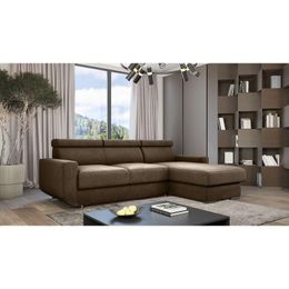 Sofa mit Bettkasten Braga - Ecksofa mit Schlaffunktion - Ottomane rechts freistehend - Eckcouch, Sofa L-Form - Samtstoff (Braun - Monolith 09) - Braun