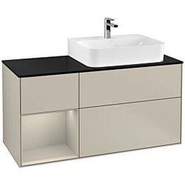 Villeroy & Boch Villeroy und Boch Finion Waschtischunterschrank F142HHHH 120cm, Abdeckplatte Glass Black Matt, Regal links Sand Matt Lacquer, Sand Matt Lacquer