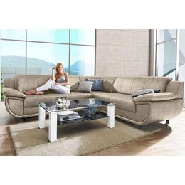 Ecksofa Trendmanufaktur "Rondo wahlweise mit Schlaffunktion, 267x247 cm (BxT), breite Armlehnen", beige (sand, beige), B:267cm H:85cm T:247cm, Kunstleder SOFTLUX;Microfaser PRIMABELLE (100% Polyester);NaturLEDER (echtes Rindsleder);Struktur (54% Polyacryl, 46% Polyester), Sofas, Ecksofa, L-Form, wahlweise mit Federkern bestellbar, F&uuml;&szlig;e schwarz