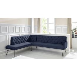 Eckbank exxpo - SOFA FASHION "Doppio, Chesterfield Optik, komfortabel und bequem, hohe Designfüße" Sitzbänke Gr. B/H/T: 197cm x 90cm x 255cm, Samtvelours, langer Schenkel rechts, blau (navy) Frei im Raum stellbar